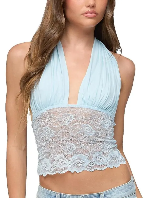 EDIKTED Eloria Lace Flutter Tie Top - Light-blue