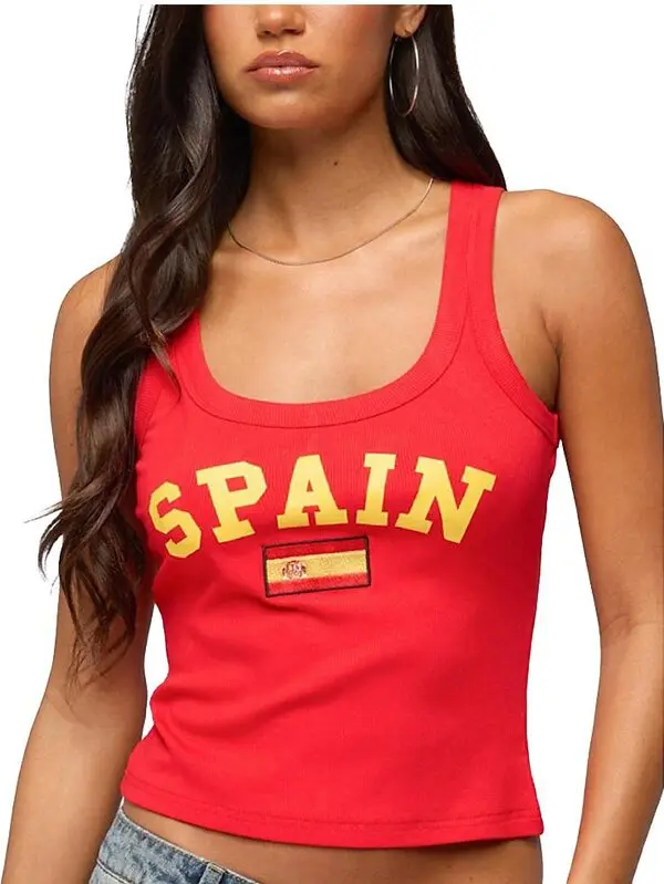 EDIKTED Ribbed Tank Top With Spain Graphic - Red