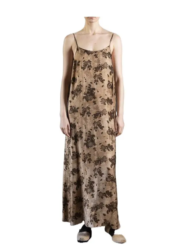 UMA WANG Thinstrap Maxi Dress With Vintage Floral Print - Brown