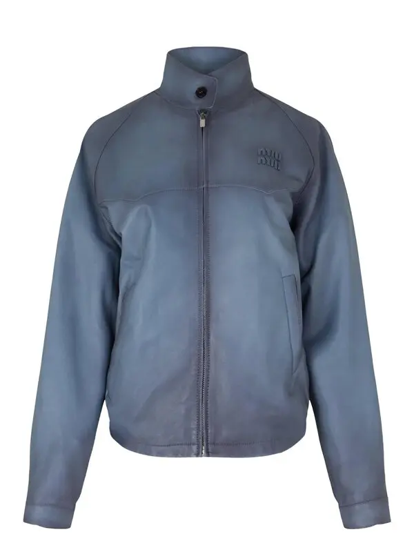 Miu Miu Stand Collar Faded Leather Jacket - Blue