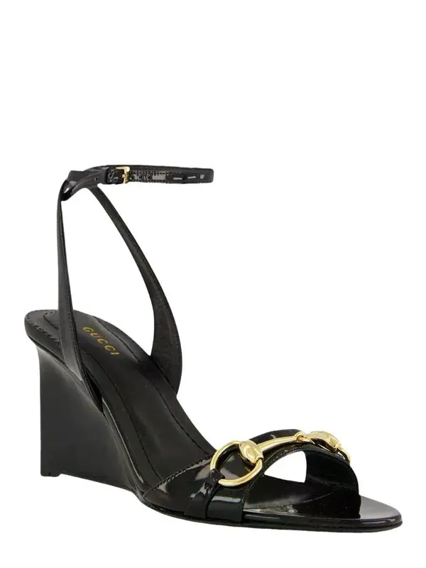 Gucci Patent Horsebit Wedge Sandals - Black