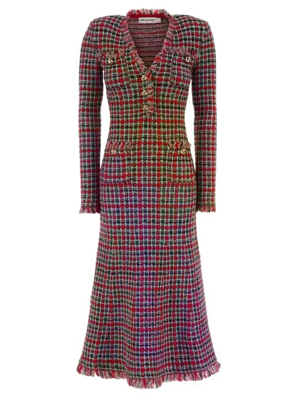 SELF-PORTRAIT Check-knit Frayed Midi Dress - Red