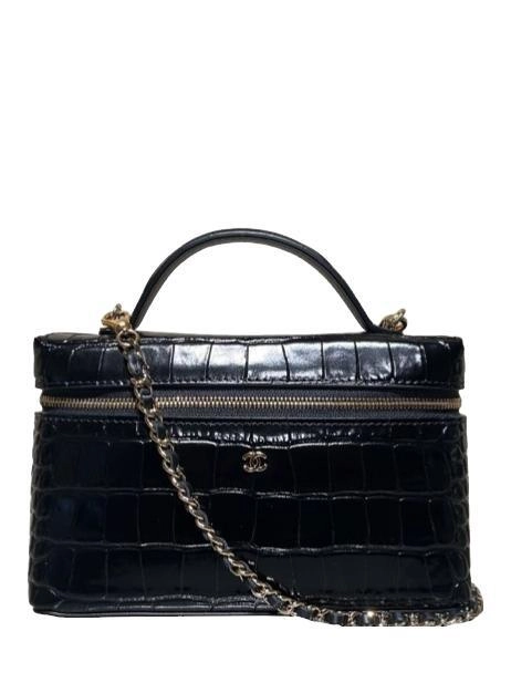 Chanel Crocodile-textured Calfskin Vanity Case With Gold-tone Accents - Black