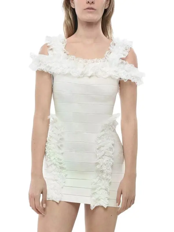SELF-PORTRAIT Lace Trim Ruffled Mini Dress - White