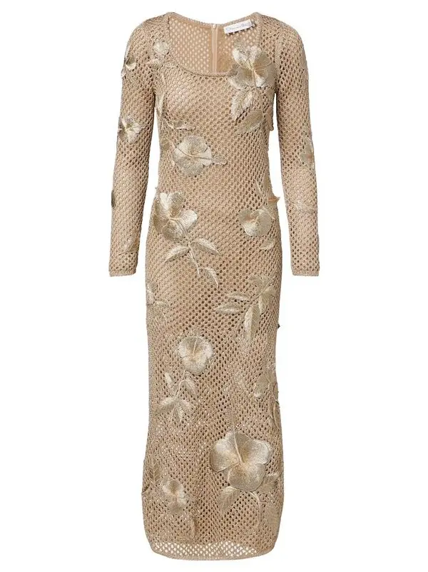 Oscar De La Renta Floral Appliqué Open-knit Midi Dress - Gold