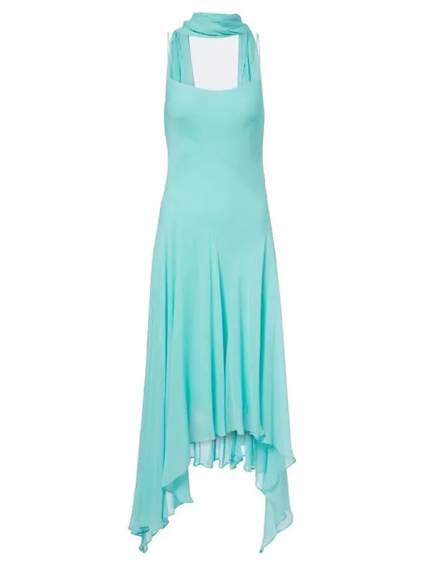 DE LA VALI Asymmetrical Georgette Midi Dress With Detachable Scarf - Blue