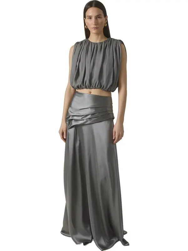 HEIRLOME Shirred Bubble Drape Silk Georgette Crop Top - Pewter