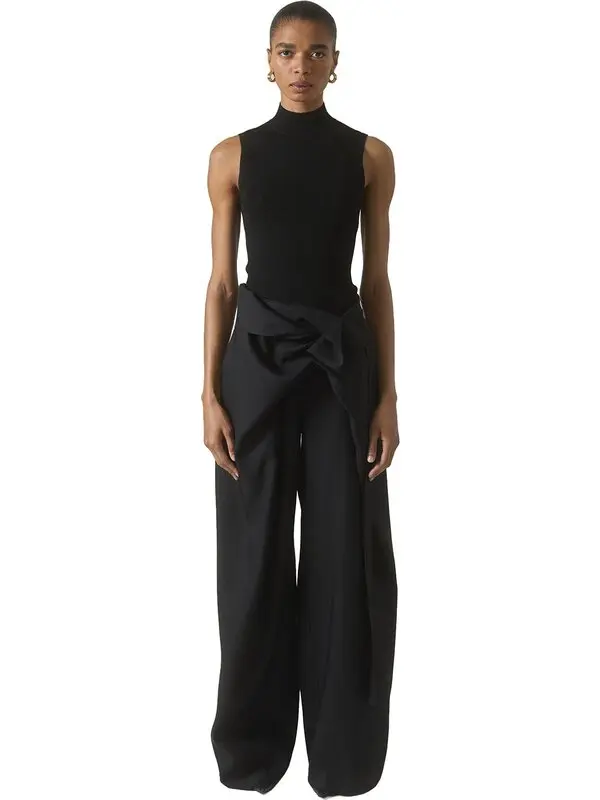 HEIRLOME Manuela Asymmetrical Draped Wide Leg Trousers With Belt-tie In Wool - Black