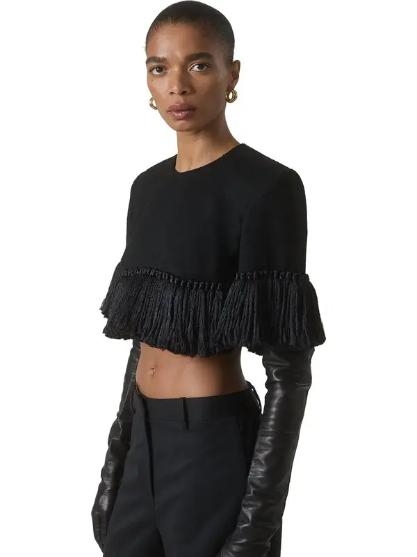 HEIRLOME Matilde Cropped Wool Top With Silk Tassels - Black