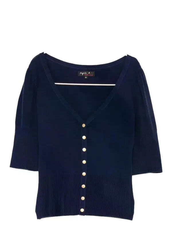 AGNES B. Navy Cotton Fine Knit V-neck Button-up Top With Puffed Shoulders - Blue