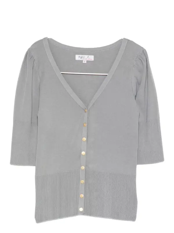 AGNES B. V-neck Half-sleeve Knit Top With Gold-tone Buttons - Grey