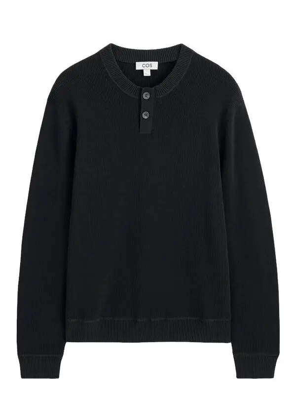 Cos Knitted Cotton Henley Sweater - Black