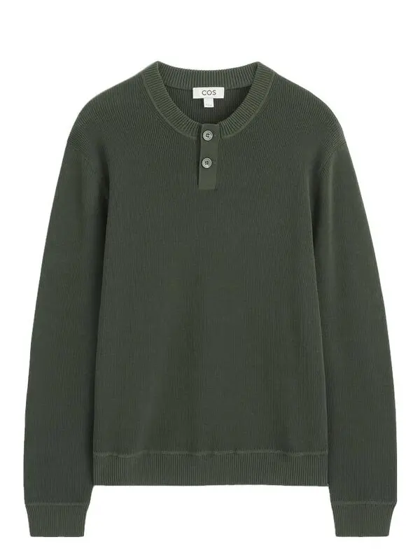 Cos Knitted Cotton Henley Sweater - Green