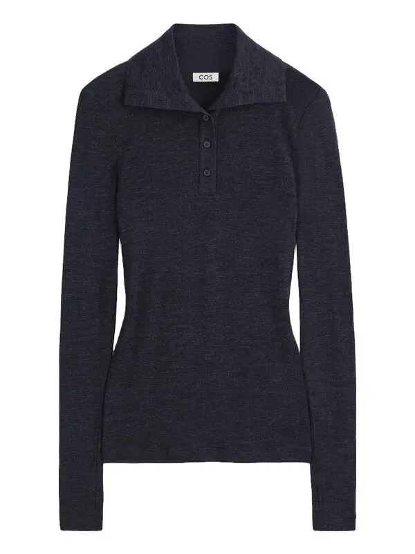 Cos Merino Wool Buttoned Mock-neck Top - Gray