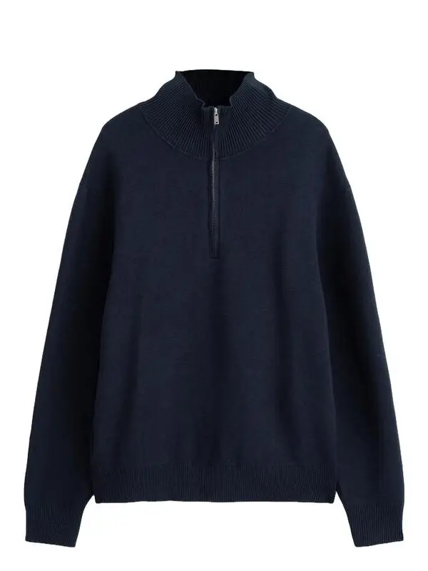 Cos Double-faced Knitted Half-zip Sweater - Navy
