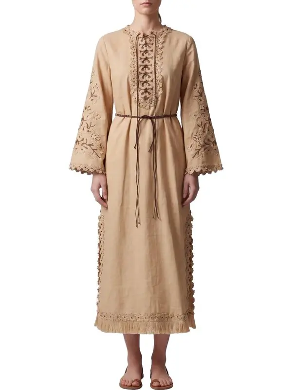 Zimmermann Mahon Embroidered Cotton Midi Tunic With Kimono Sleeves - Beige