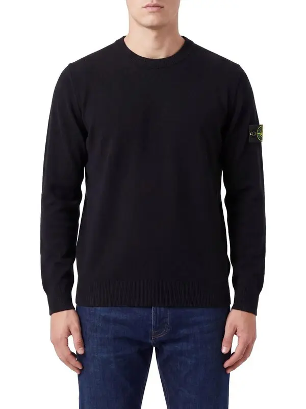 Stone Island Virgin Wool Crewneck Jumper With Compass Logo Patch - Black