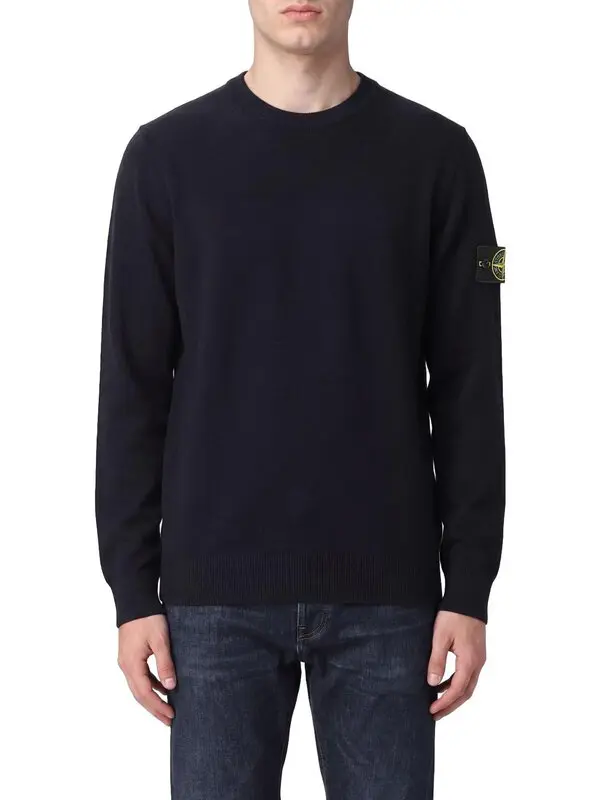 Stone Island Virgin Wool Crewneck Jumper With Compass Logo Patch - Blue