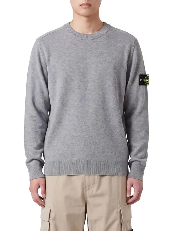 Stone Island Virgin Wool Crewneck Jumper With Compass Logo Patch - Grey