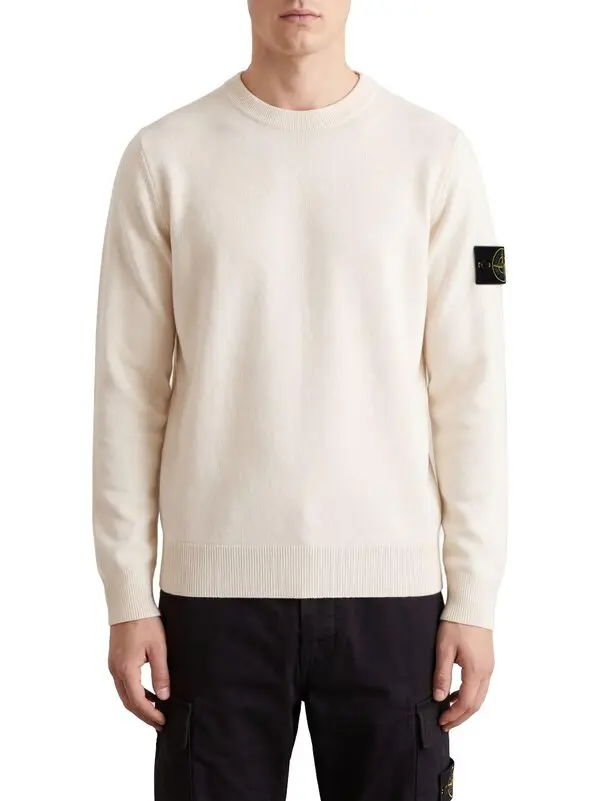 Stone Island Virgin Wool Crewneck Jumper With Compass Logo Patch - White