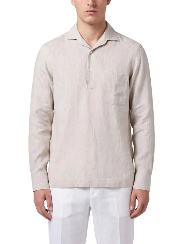 LARDINI Pure Linen Shirt With Cuban Collar And Long Sleeves - Beige