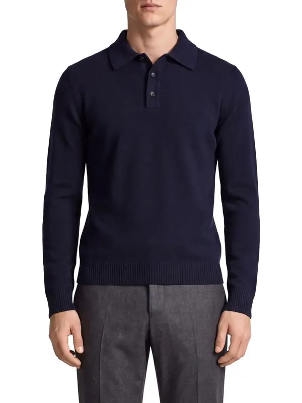 ROBERTO COLLINA Merino Wool And Cashmere Long-sleeved Knit Polo Shirt - Blue
