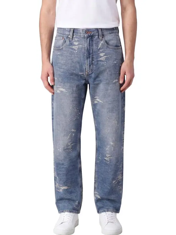 Emporio Armani Wide-leg Distressed Denim Jeans With Eagle Logo - Blue