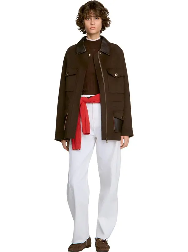 Sandro Double-faced Wool Coat With Leather Collar - Brown