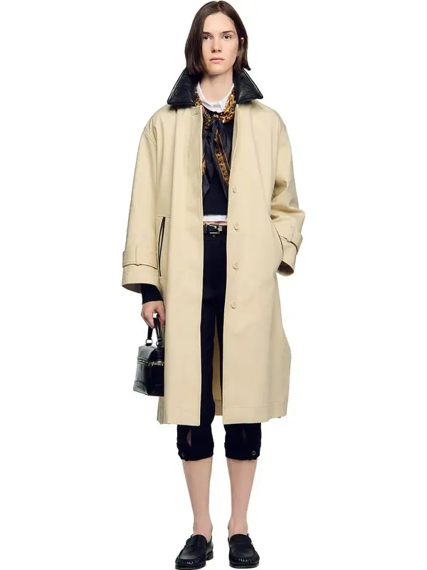 Sandro Long Coat With Leather Collar - Beige