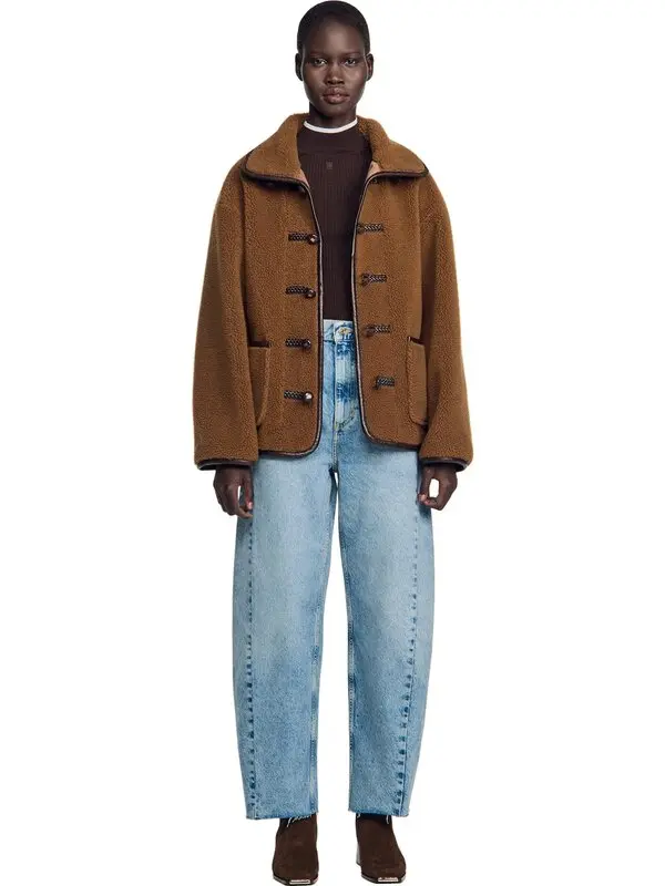 Sandro Short Faux Fur Coat With Leather Trim - Brown