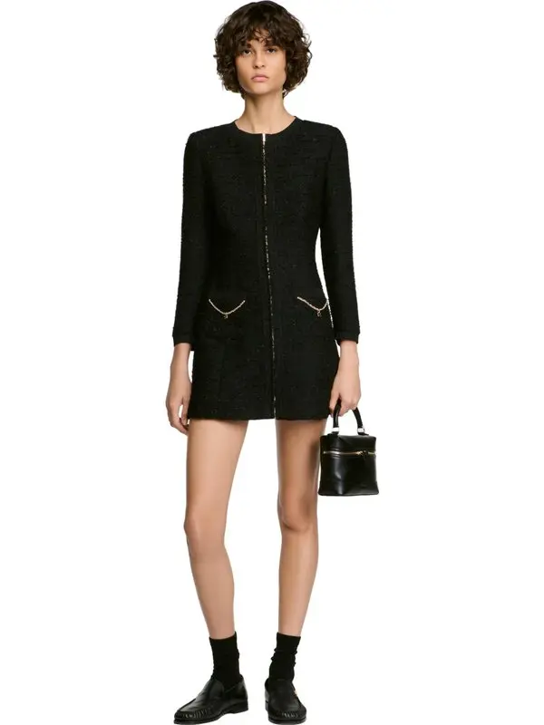 Sandro Short Tweed Dress With Metallic Chain Detail - Black