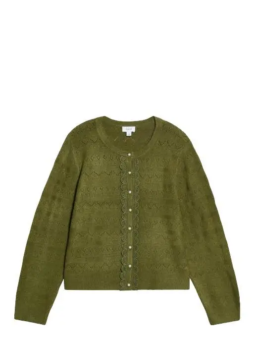CECE DUPRAZ Lace Trim Pointelle Knit Cardigan - Capulet Olive