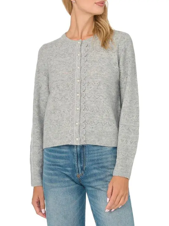 CECE DUPRAZ Lace Trim Pointelle Knit Cardigan - Light Heather Grey