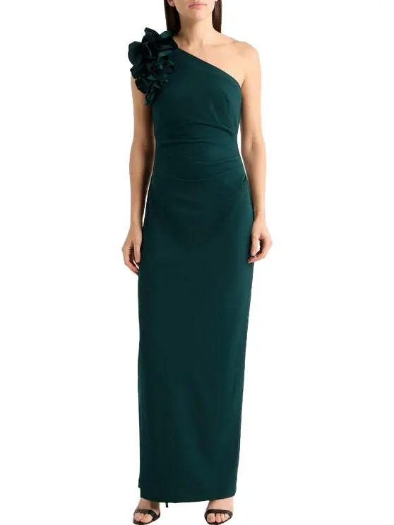 XSCAPE EVENINGS One-shoulder Ruffle Crepe Dress - Pine