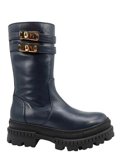 MADISON MAISON Shearling Lined Buckle Strap Platform Boots - Navy