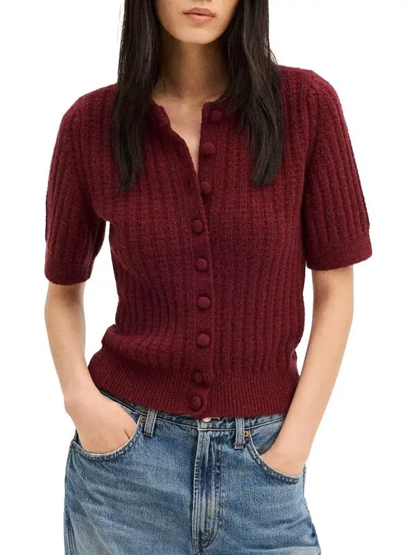 Madewell Textured Stitch Short Sleeve Cardigan - Cabernet