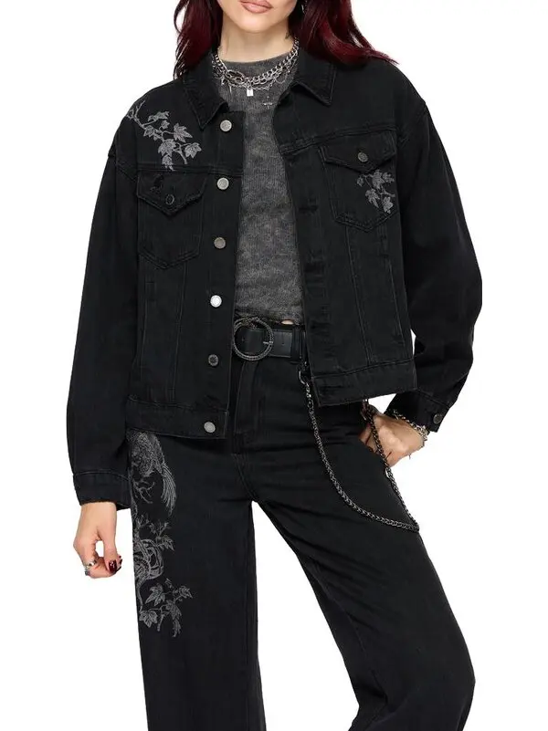 DISTURBIA Cleo Phoenix Oversized Printed Denim Jacket - Black