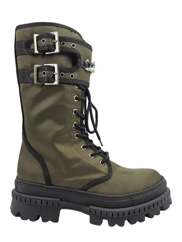 MADISON MAISON Chain Detail Buckled Combat Boots - Khaki