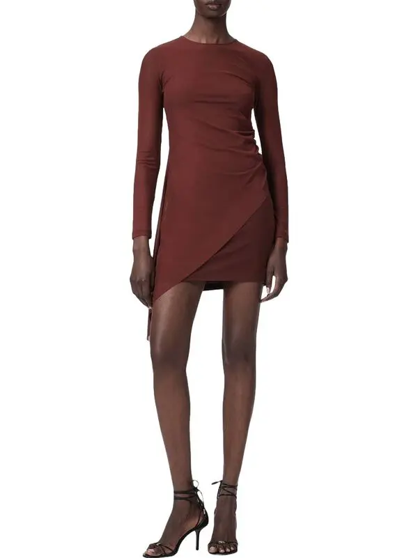 ALLSAINTS Riley Sheer Sleeve Mesh Panel Draped Mini Dress - Burnt Red