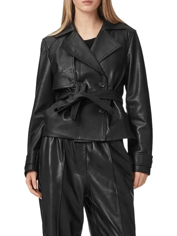 ALLSAINTS Okena Cropped Leather Belted Jacket - Black