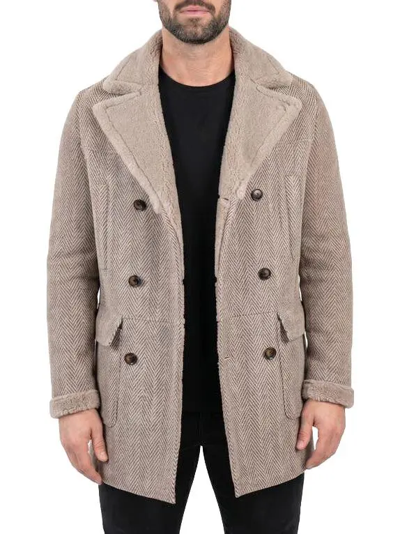 MACEOO Captain Herringbone Genuine Shearling Peacoat - Beige