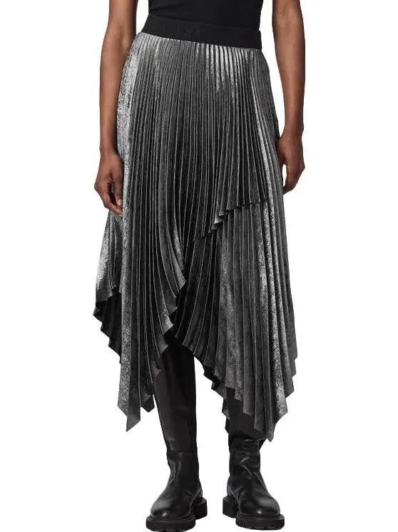 ALLSAINTS Elisa Pleated Asymmetrical Midi Skirt - Platinum Silver