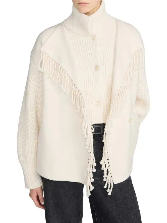 FRAME Cropped Jacquard Knit Coat With Pompom Fringe - Ecru