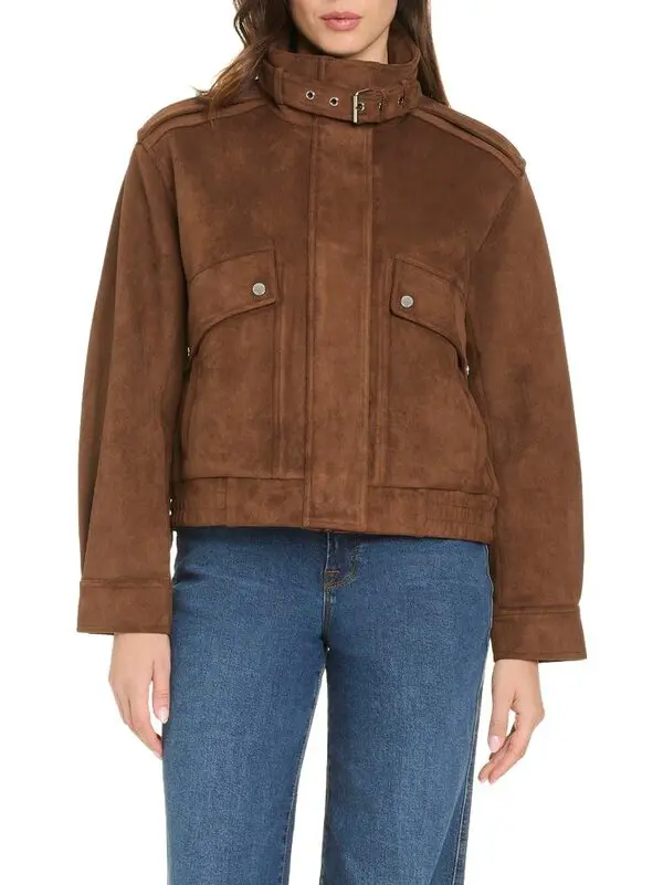 Sanctuary Faux Suede Bomber Jacket With Stand Collar - Caramel