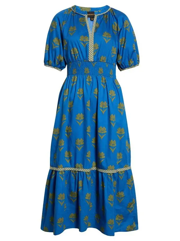 SUGARLIPS Floral Cotton Midi Dress With Smocked Waist - Navy Olive