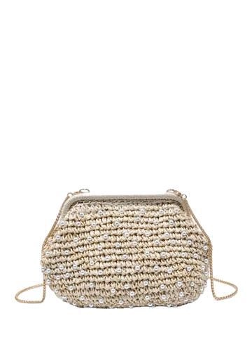 URBAN EXPRESSIONS Pearl Embellished Woven Clutch With Chain Strap - Ivory