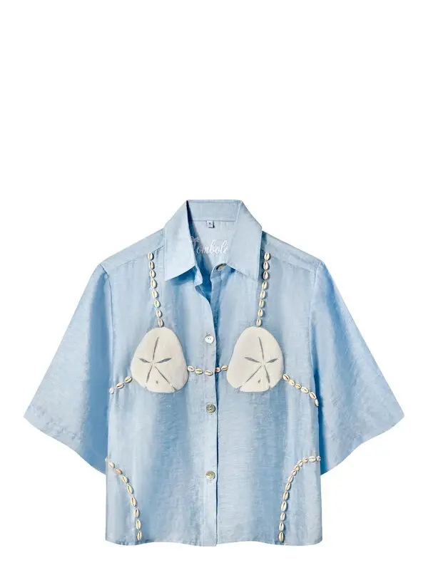 TOMBOLO Sand Dollar Embellished Relaxed Crop Cabana Top - Blue