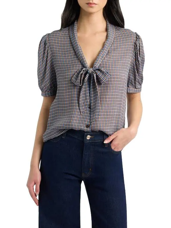 FRAME The Sonnet" Silk Plaid Blouse With Tie Neck - Chestnut Multi Plaid