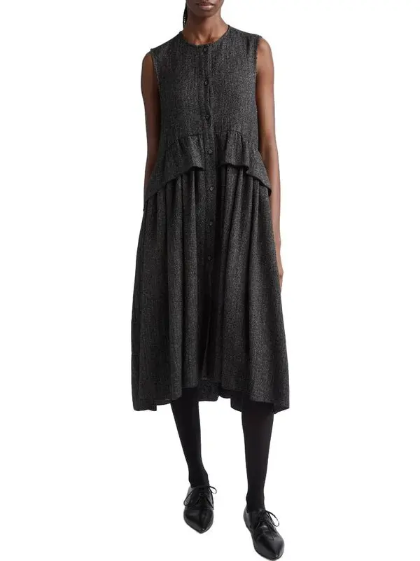 MERUERT TOLEGEN Ruffle Smock Midi Dress - Wool Herringbone
