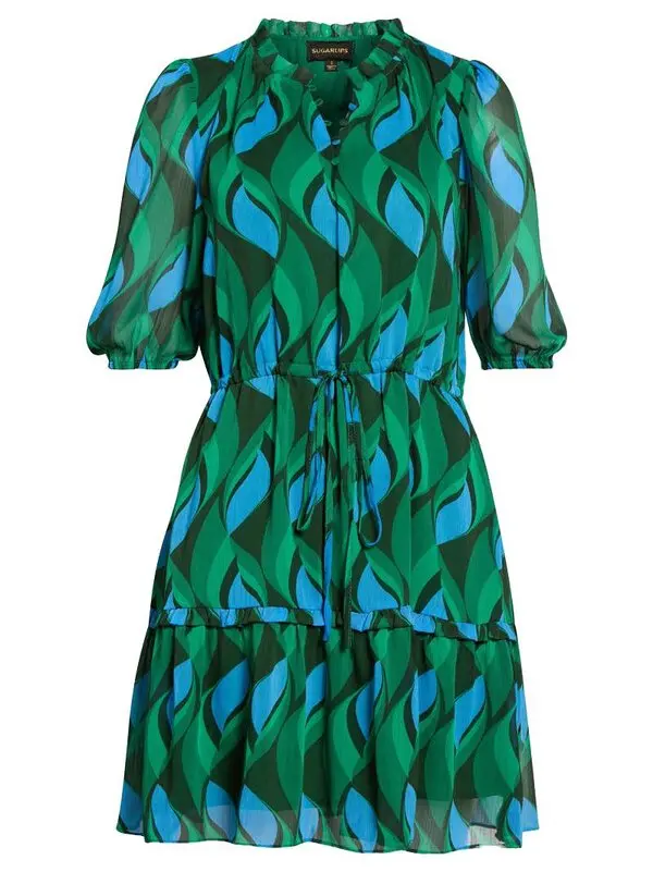 SUGARLIPS Abstract Print Tiered Mini Dress - Emerald Blue